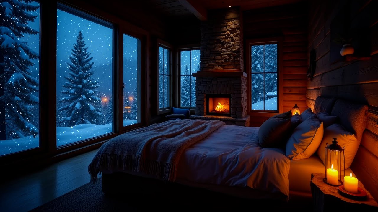Relaxing Winter Night Music | Cozy Winter Bedroom | Snowy Night ...