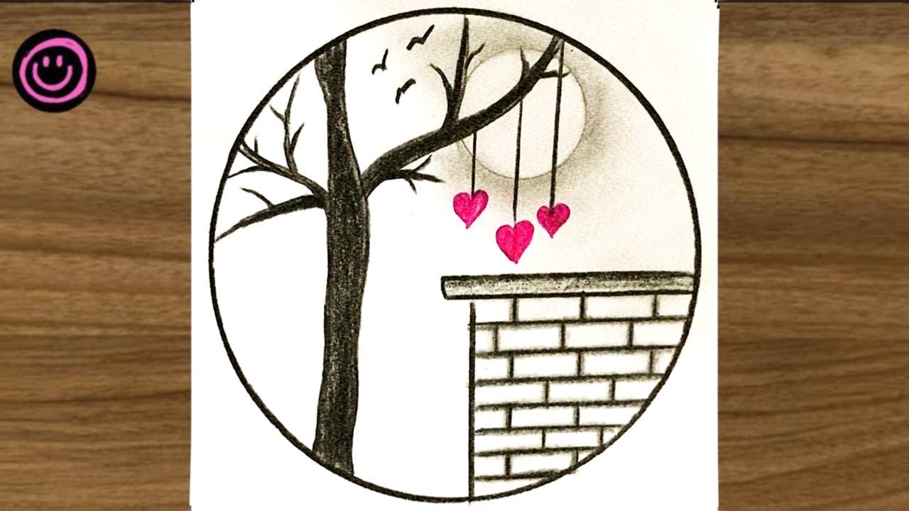 Cute Circle Drawing - Red Heart Beautiful Drawing Scenery in Circle ...