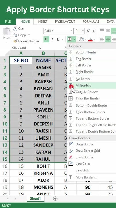 Apply Border In Excel Ms Excel Border Shortcut Key Shorts Youtube