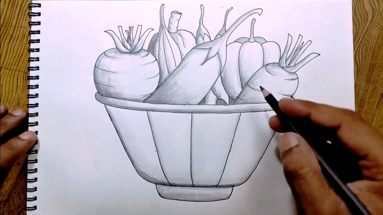 Vegetables basket drawing/Easy way to draw vegetables basket step by ...