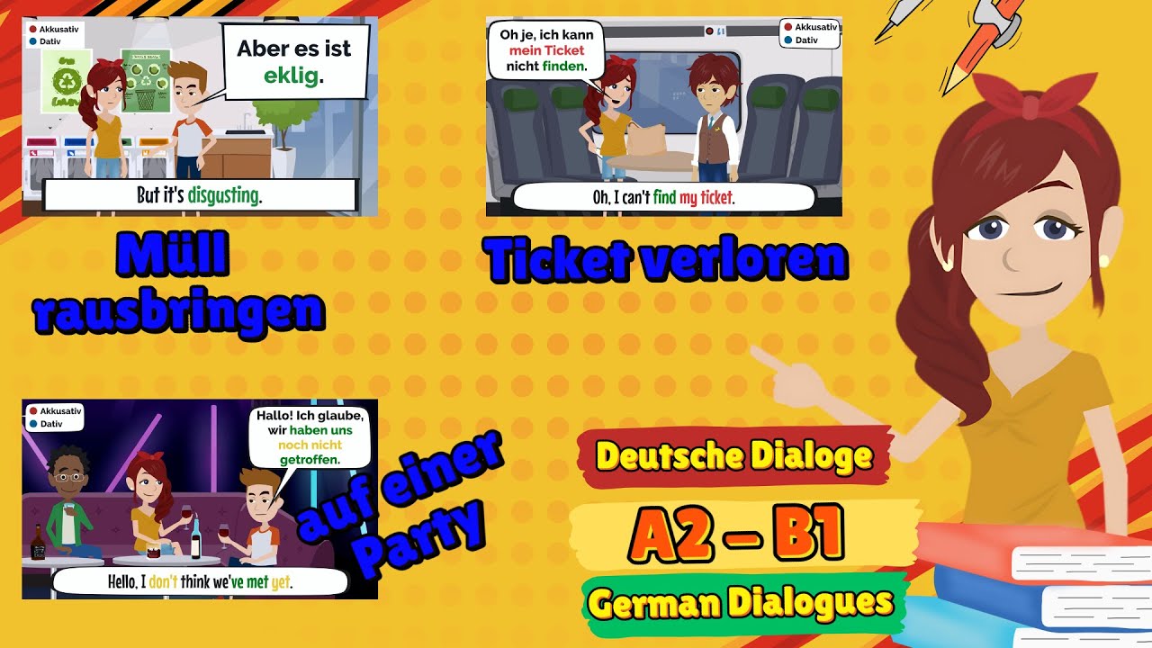 Deutsch lernen mit Dialogen | german Dialogues | im Zug, Müll, Party ...