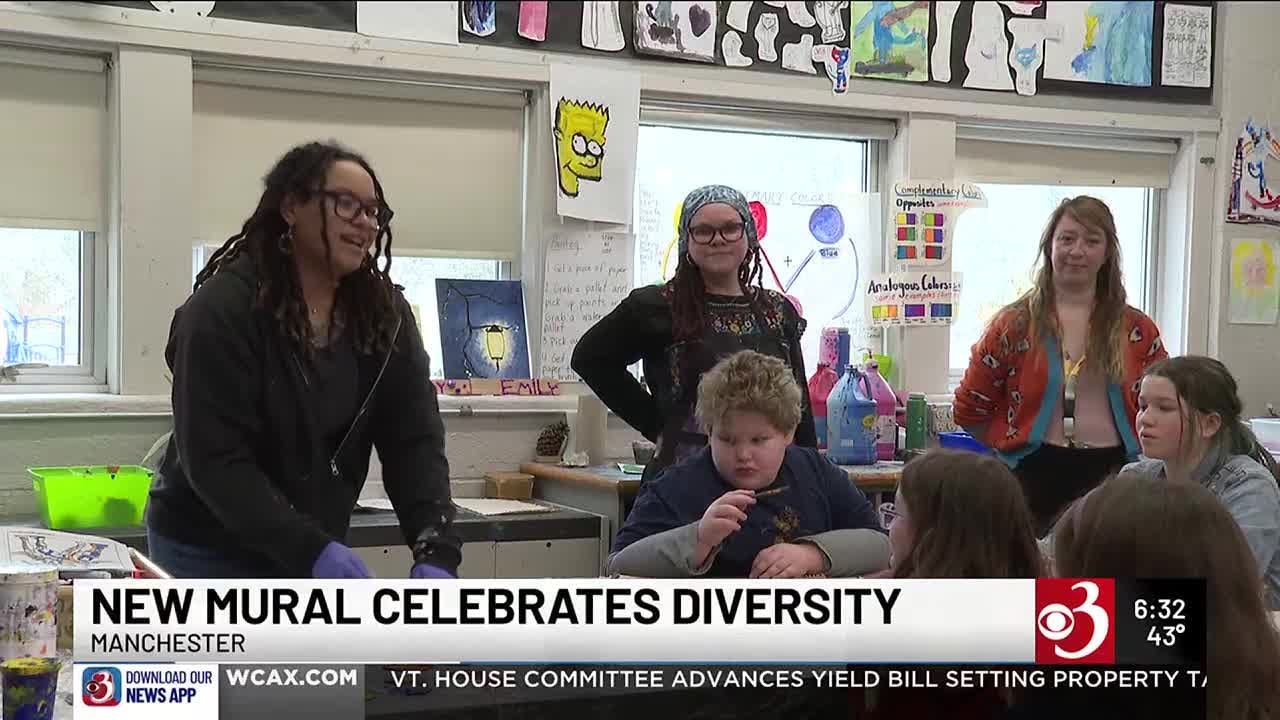 Manchester elementary students help design multicultural mural - YouTube