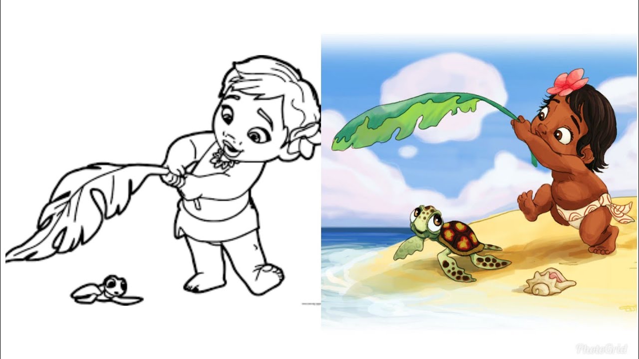 Moana with the turtle | Drawing and coloring for kids - YouTube