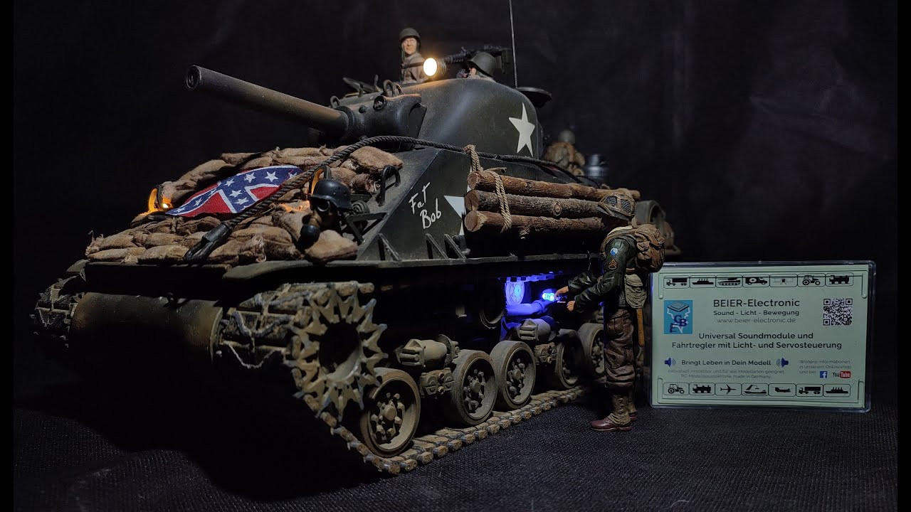 Beier SFR-1-HL - Tamiya Sherman. Triggering functions. - YouTube