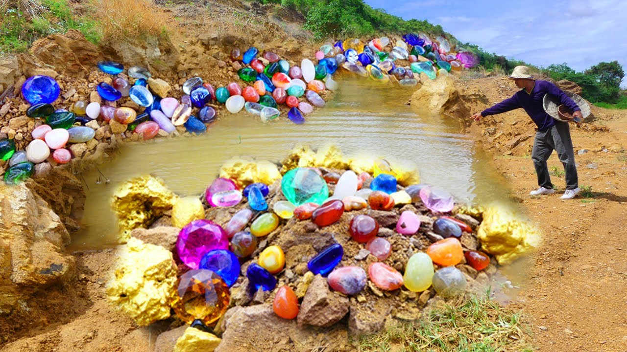 Gold miners find gems and crystals next to cliffs ,diamonds, gold mine ...