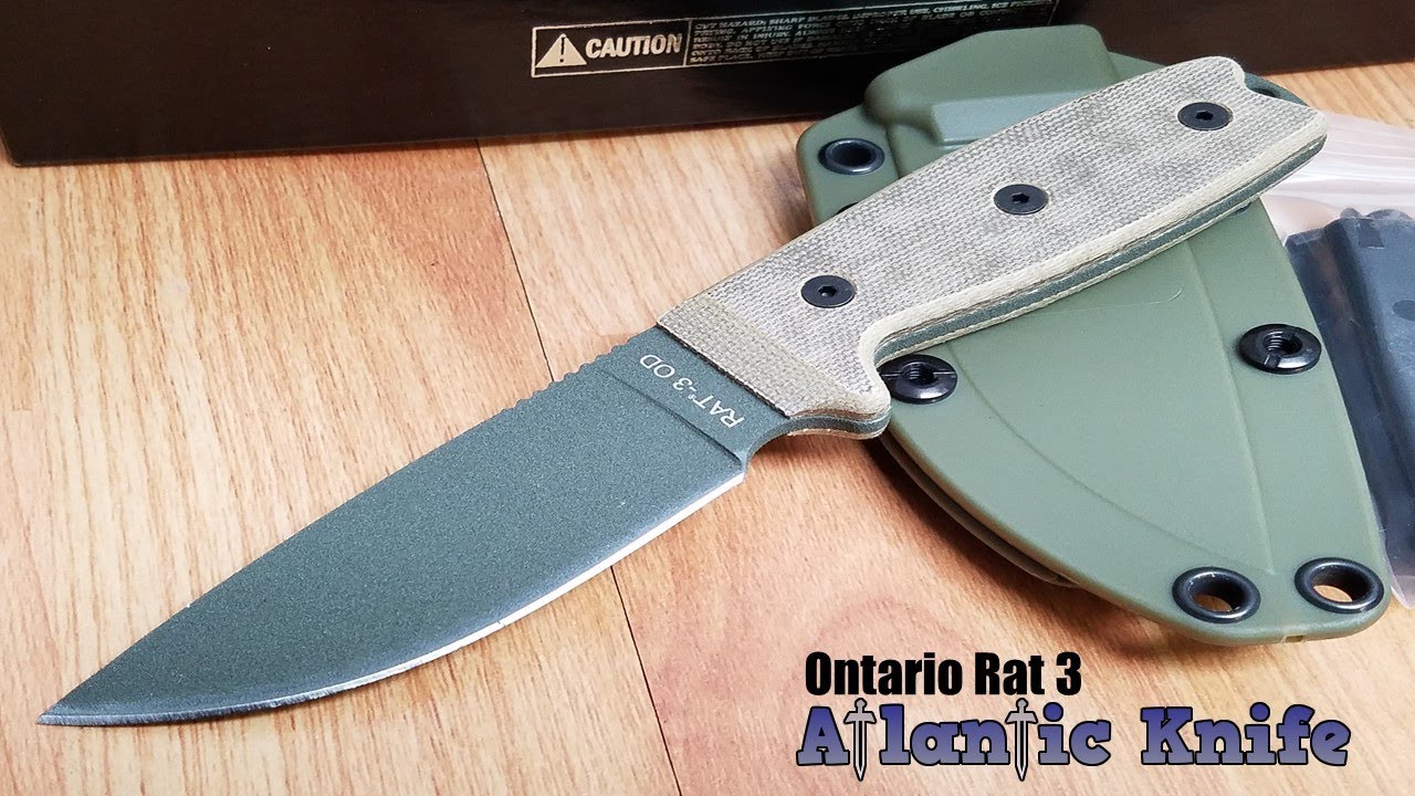 ONTARIO RAT-3 8" FIXED OD GREEN 1095HC MICARTA KNIFE W/ SHEATH & TEK ...