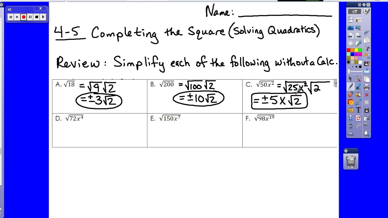 Completing the Square Simplifying Radicals Review - YouTube