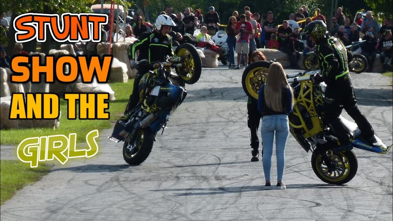 Stunt riding tricks around the girls - motorbike wheelies and burnouts ...