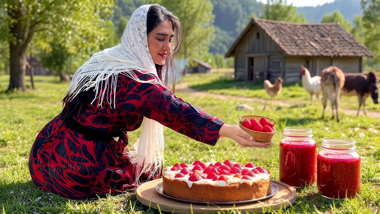 Rural life in Iran: how to Make Rustic Strawberry Cake | Traditional ...