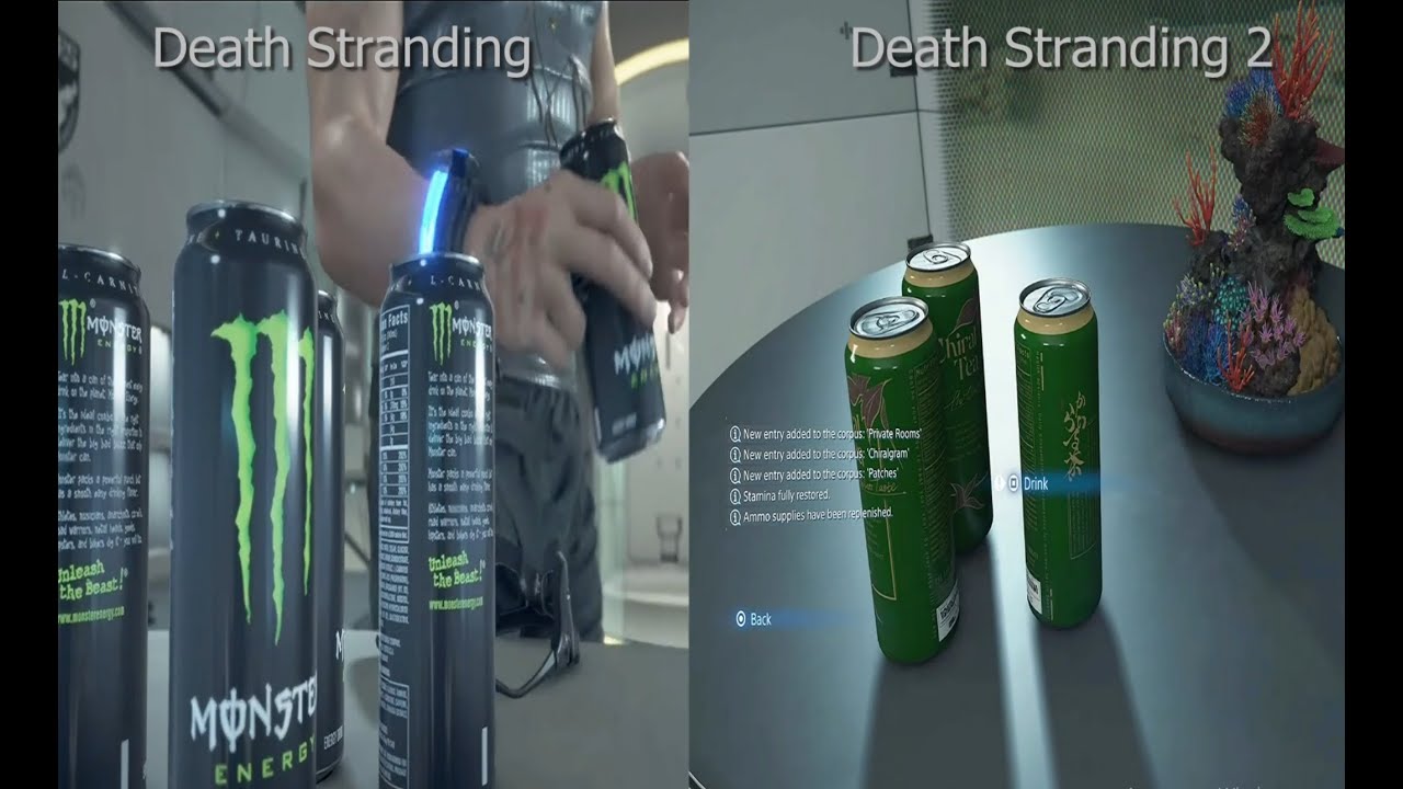Death Stranding 2 Drinking Monster Energy vs Chiral Tea - YouTube