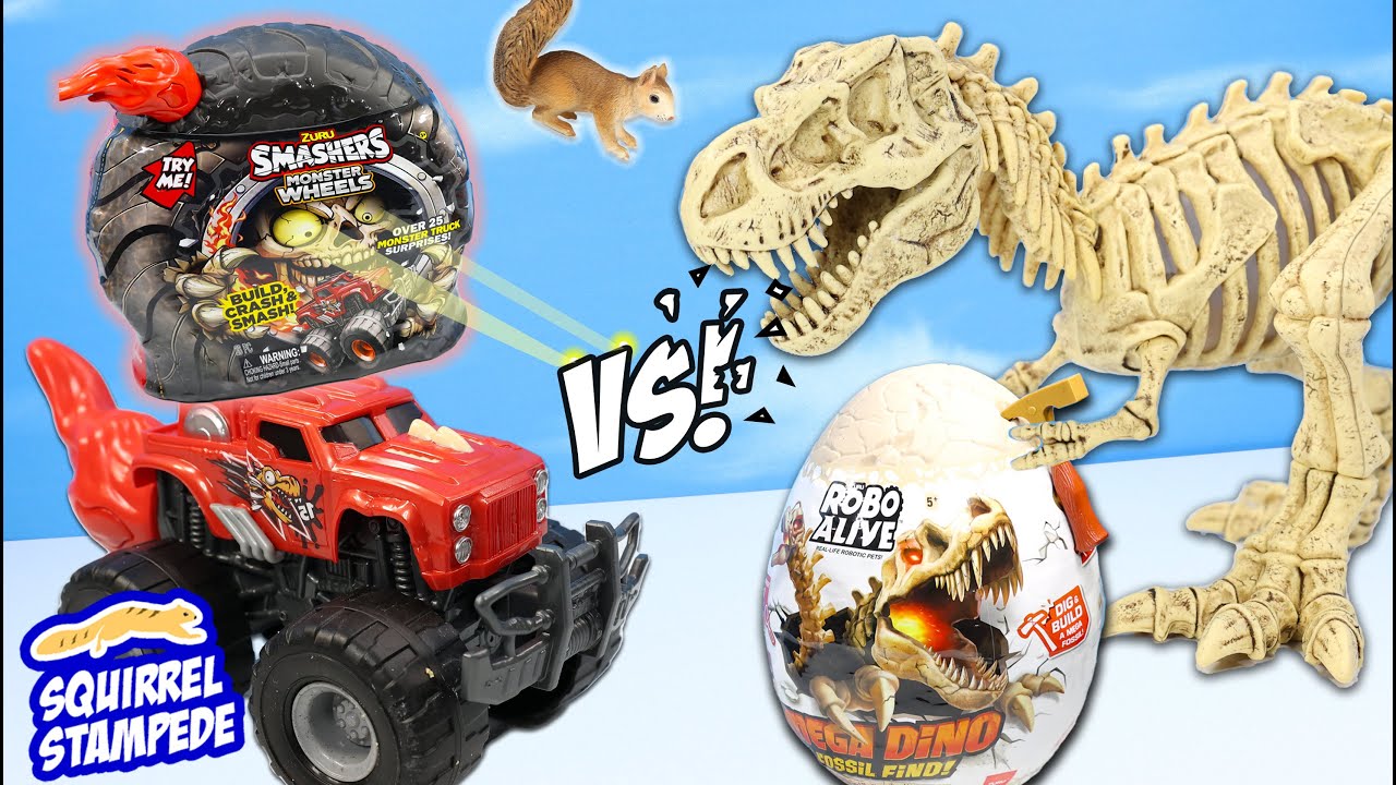 T. Rex ROBO Alive Mega Dino Fossil Find vs SMASHERS Monster Trucks Zuru ...