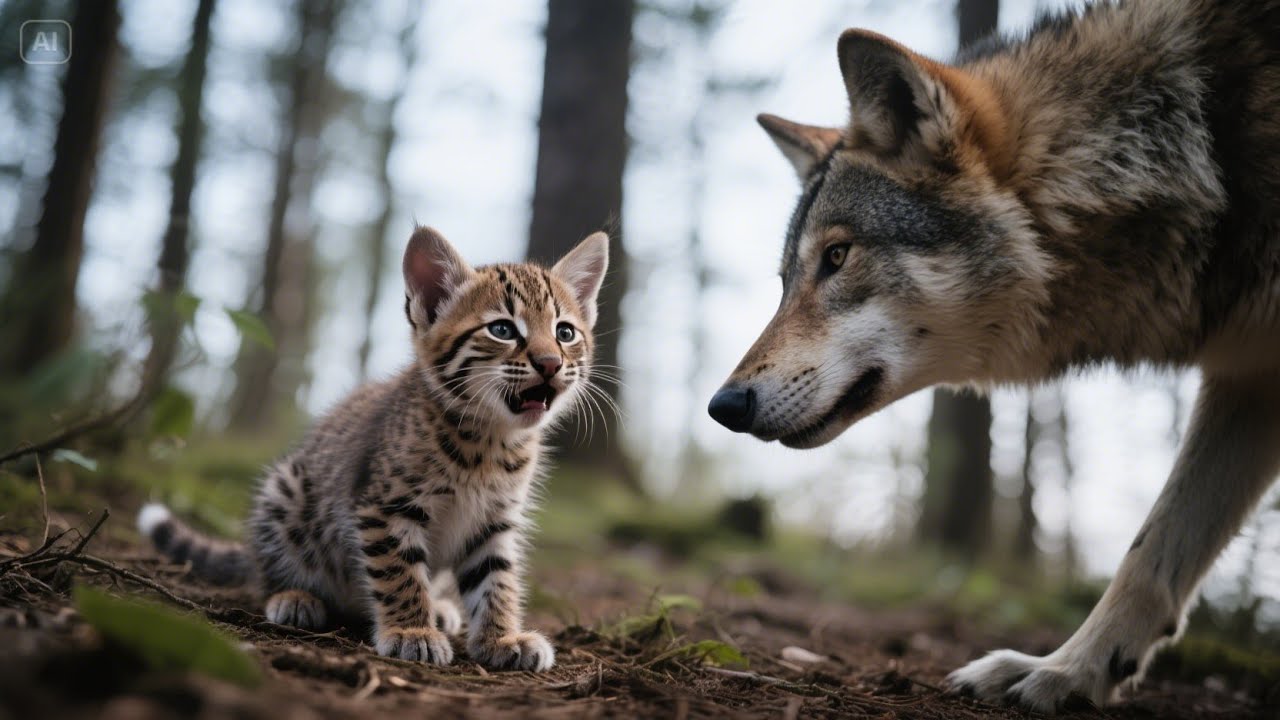 Lost Bobcat Kitten Cries for Help in the Forest — Then a Wolf Appears ...