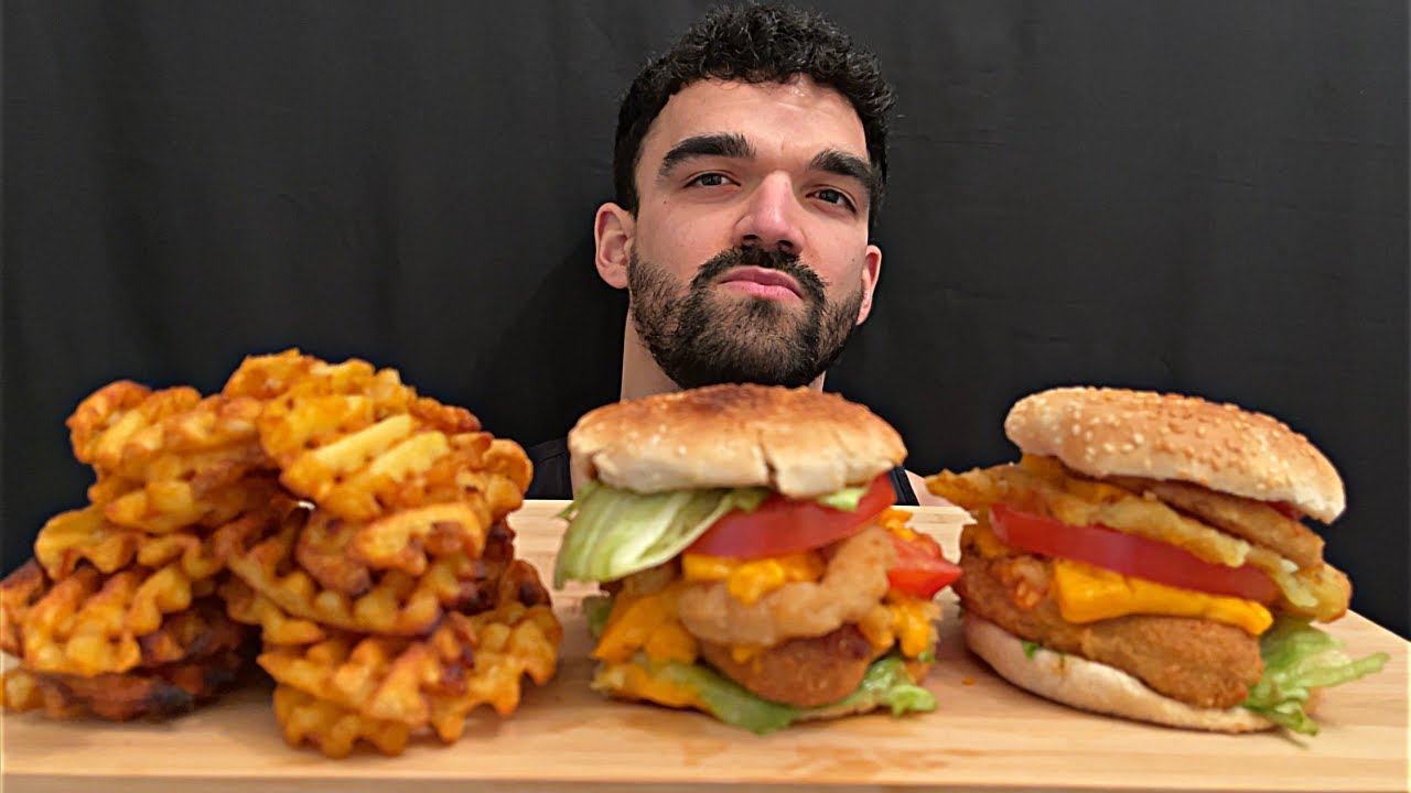 ASMR MUKBANG CHICKEN BURGER HASH BROWN ONION RINGS SPICY FRIES EATING ...