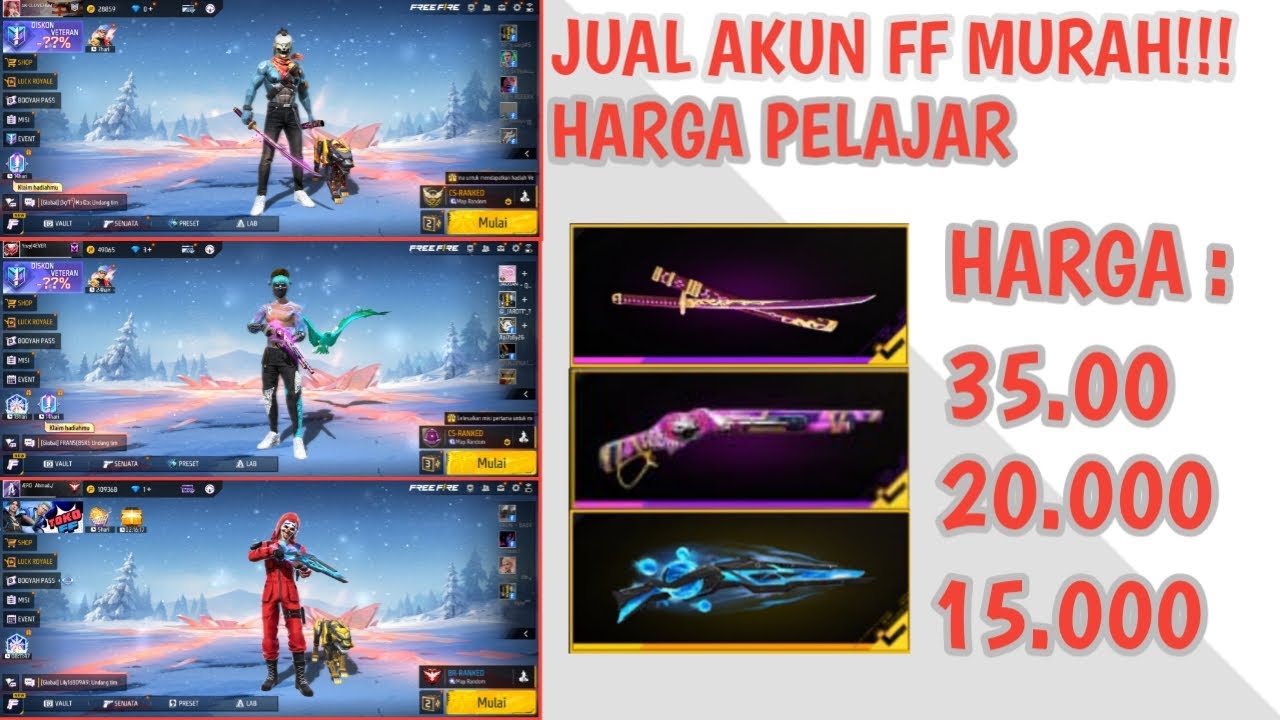 Jual akun ff murah meriah harga kantong pelajar | jual akun free fire ...
