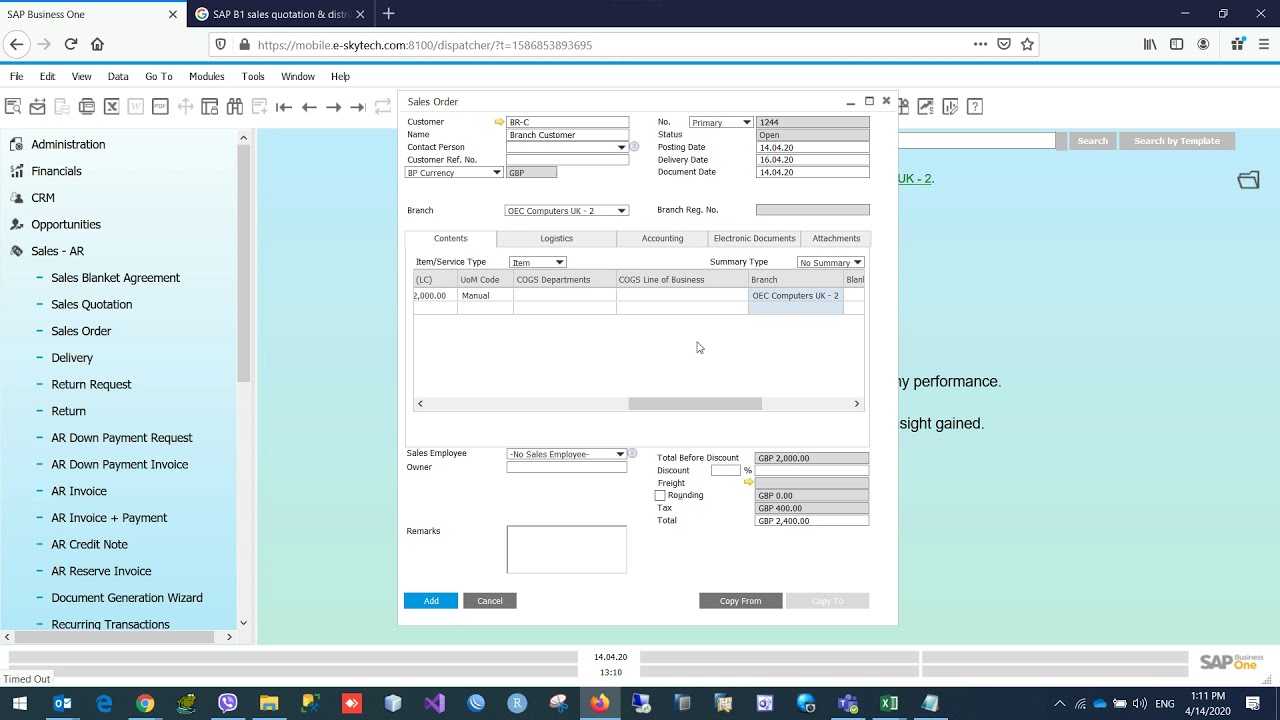 Part 6 SAP B1 Sales Order - YouTube