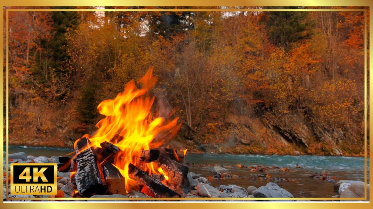 4K Autumn Campfire by the River -2H of Crackling Fire Sounds & Serene ...