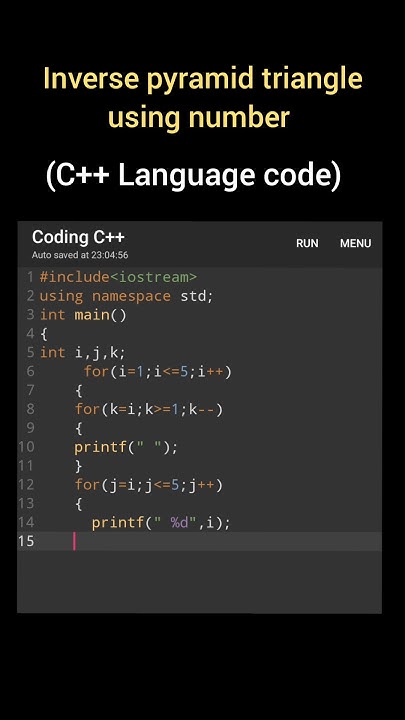 inverse pyramid triangle using number in c plus plus,inverted pyramid in c++,#coding #news#code ...