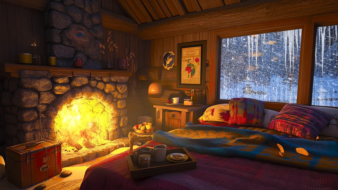 Cozy Winter Hut Ambience | Calming Snow and Wind Sounds with Cozy Hut ...