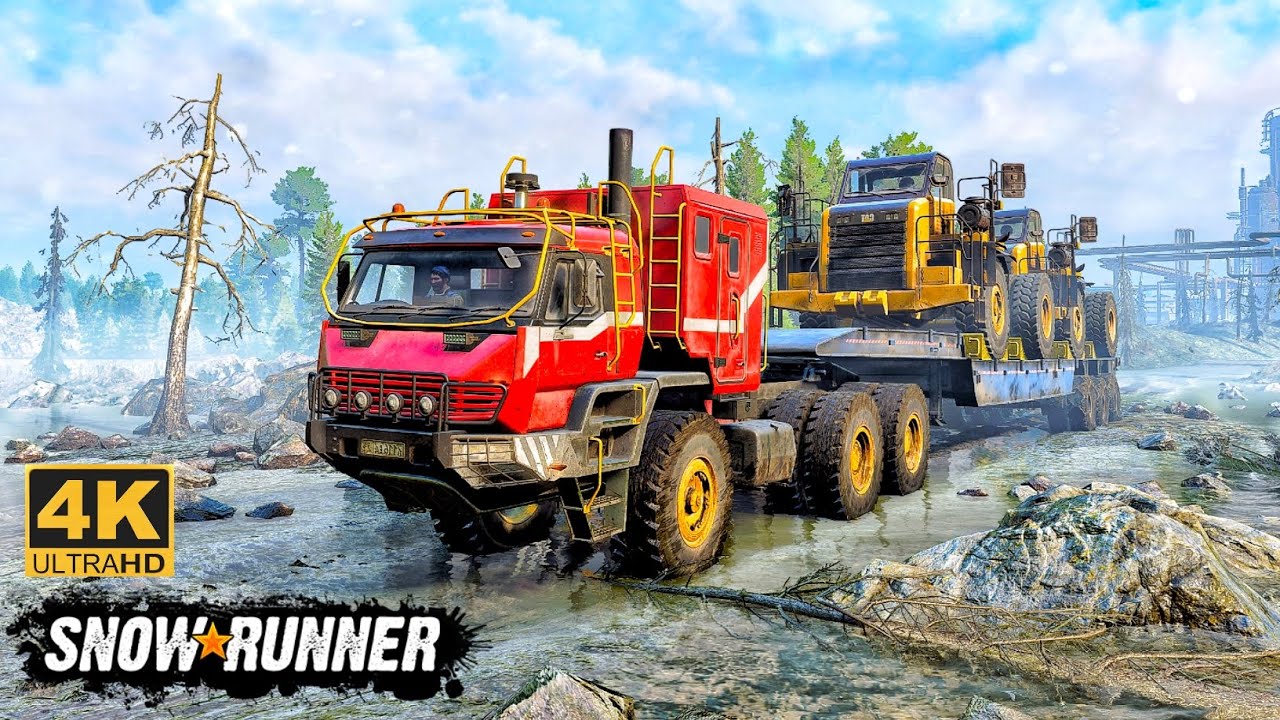 Azov 4220 Towing a CAT 770G On a Through Deep Muddy Road In SnowRunner ...