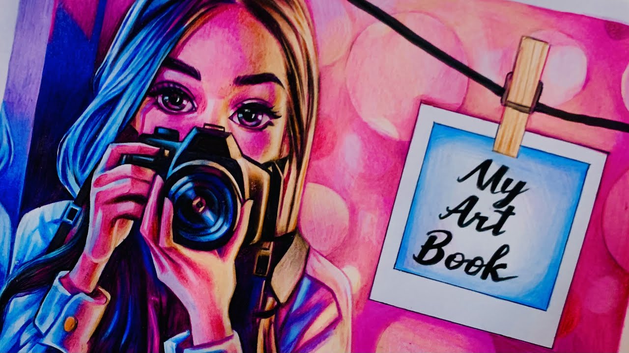 Cute Girl Drawing | Colorful Drawing | Camera art | Cover page | My Art ...