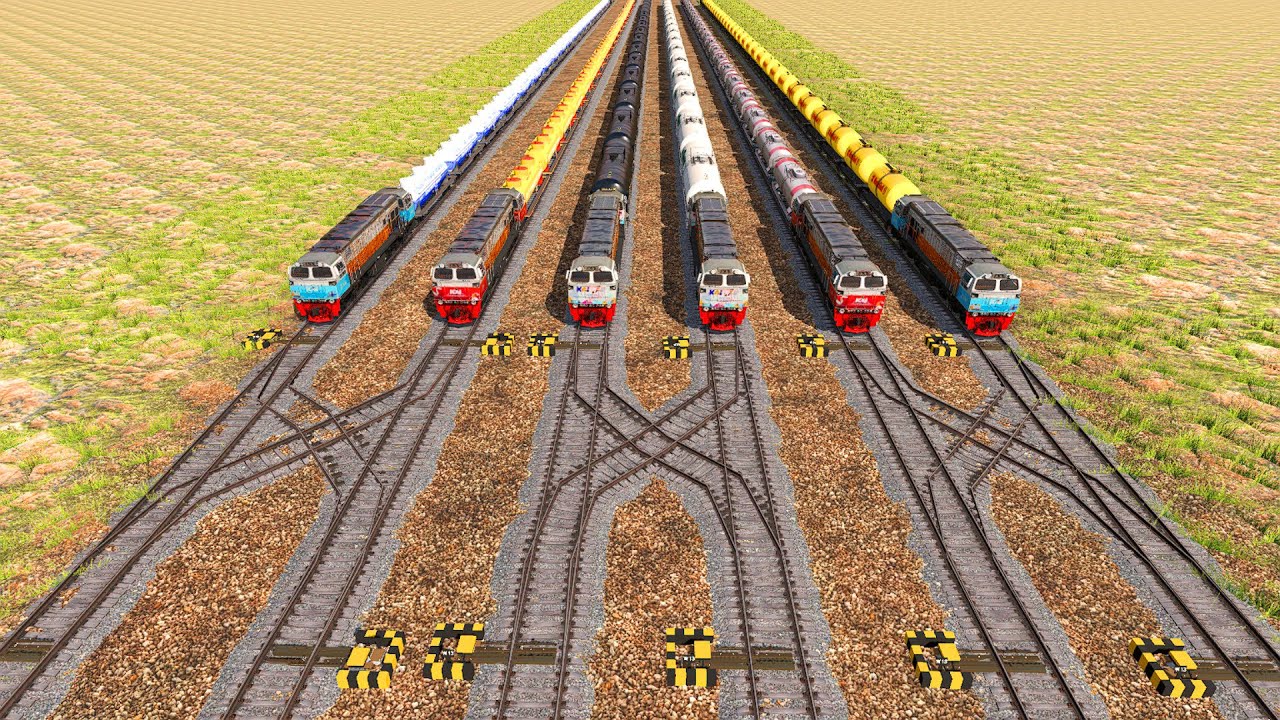 6 TRANSPORTING FREIGHT OIL TRAINS CROSSING AT LINE BRANCHED ZIG ZAG ...