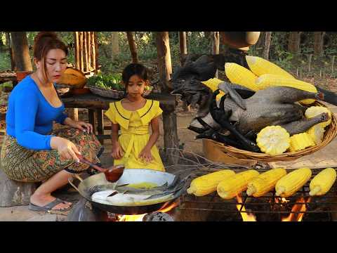 Deep Fried fish for special recipe/ Cooking black chicken soup & Grilled corns eating delicious