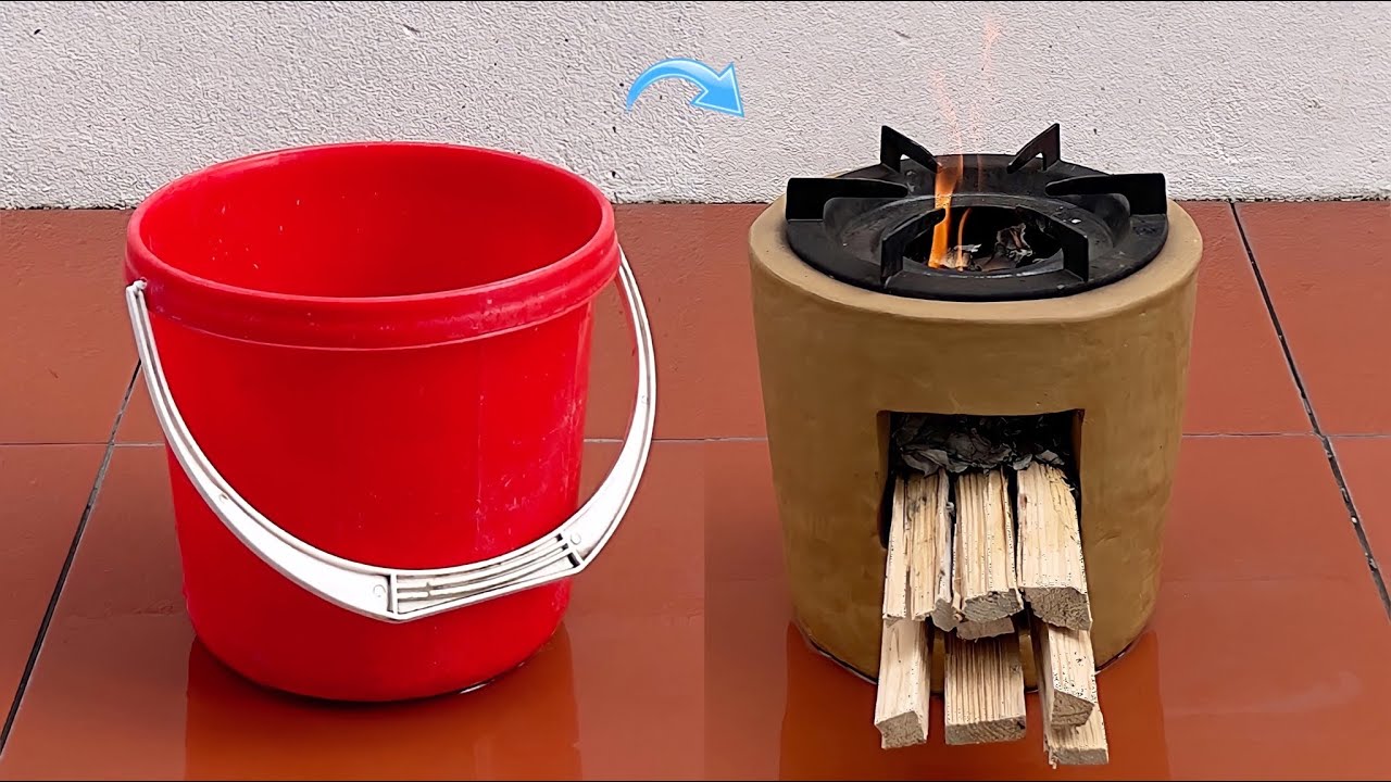 DIY outdoor portable wood stove from old plastic containers, clay and ...