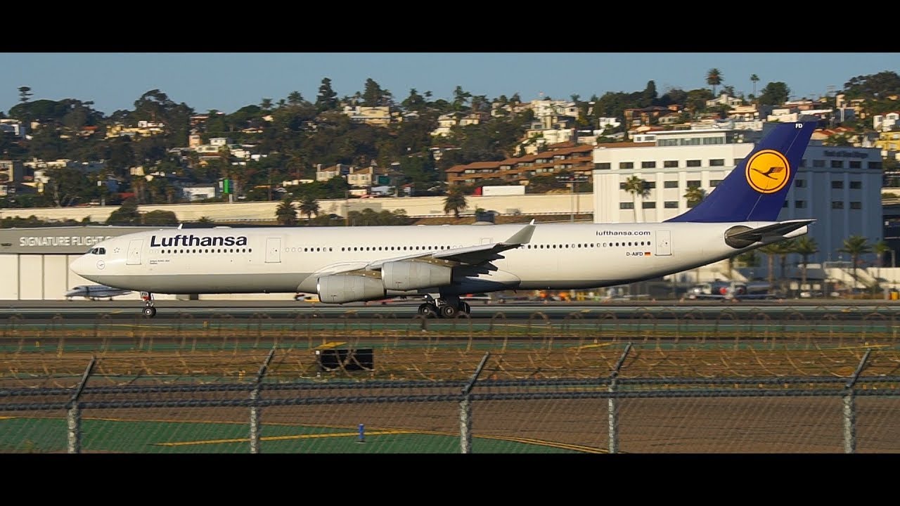 [HD] Lufthansa Airbus A340-300 Takeoff from San Diego - YouTube