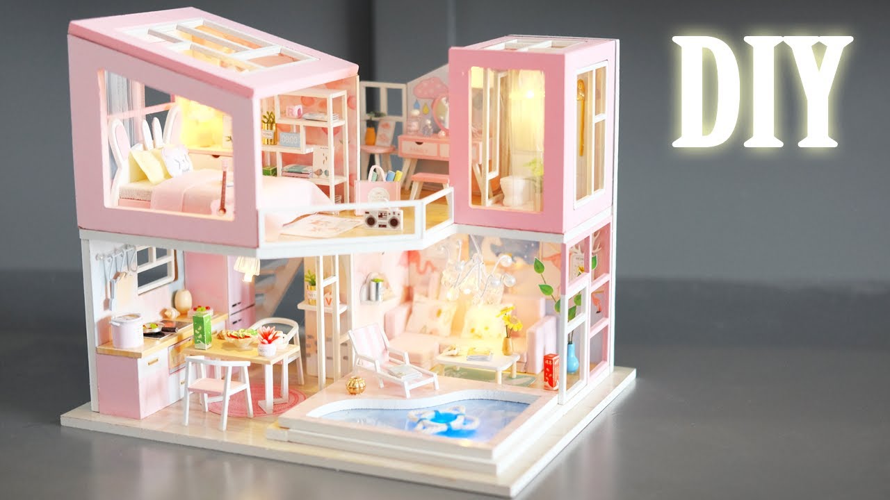 DIY Miniature Dollhouse Kit || First Sight - Mini Pink Villa - Relaxing ...