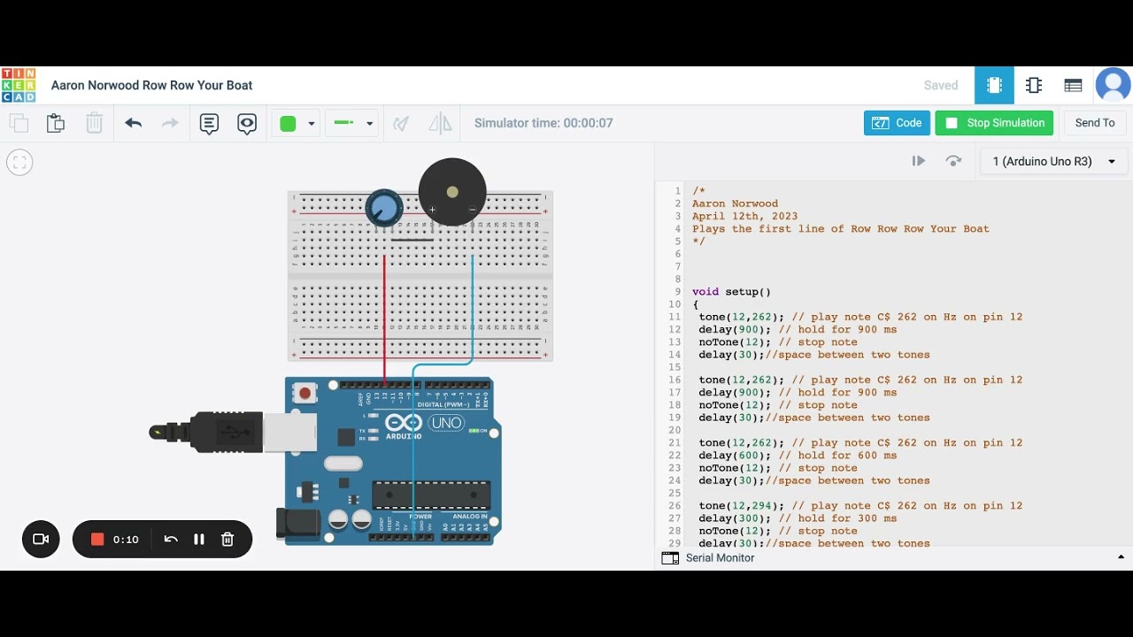 Circuit design Aaron Norwood Row Row Your Boat Tinkercad 27 April 2023 ...