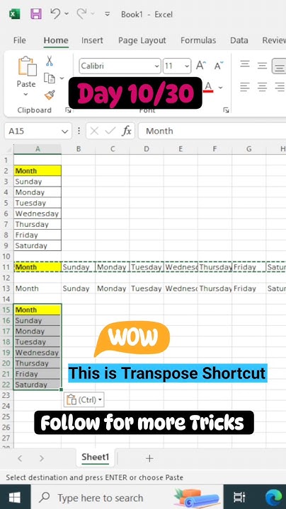 Excel Day 10/30 Challenge | Transpose Shortcut In Excel | Excel Shortcut | Time Saving | Shorts ...