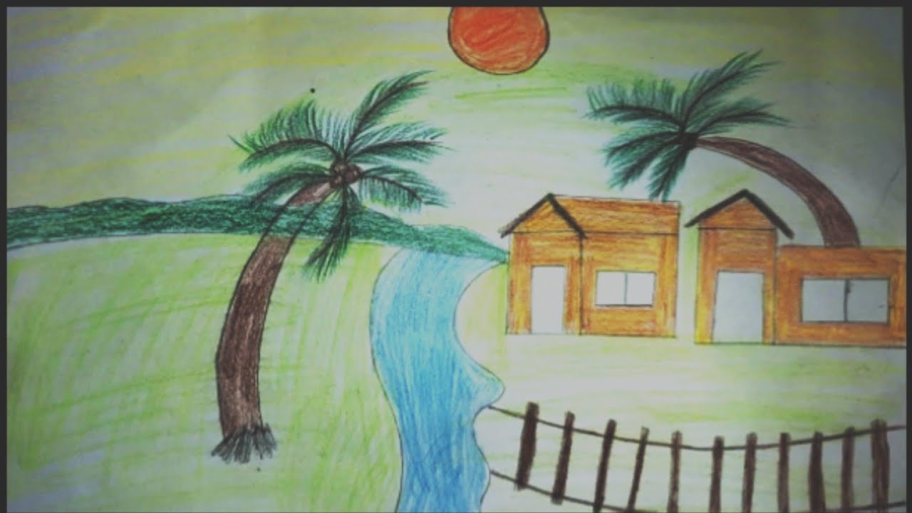 village scenery drawing | how to draw scenery drawing with beautiful ...