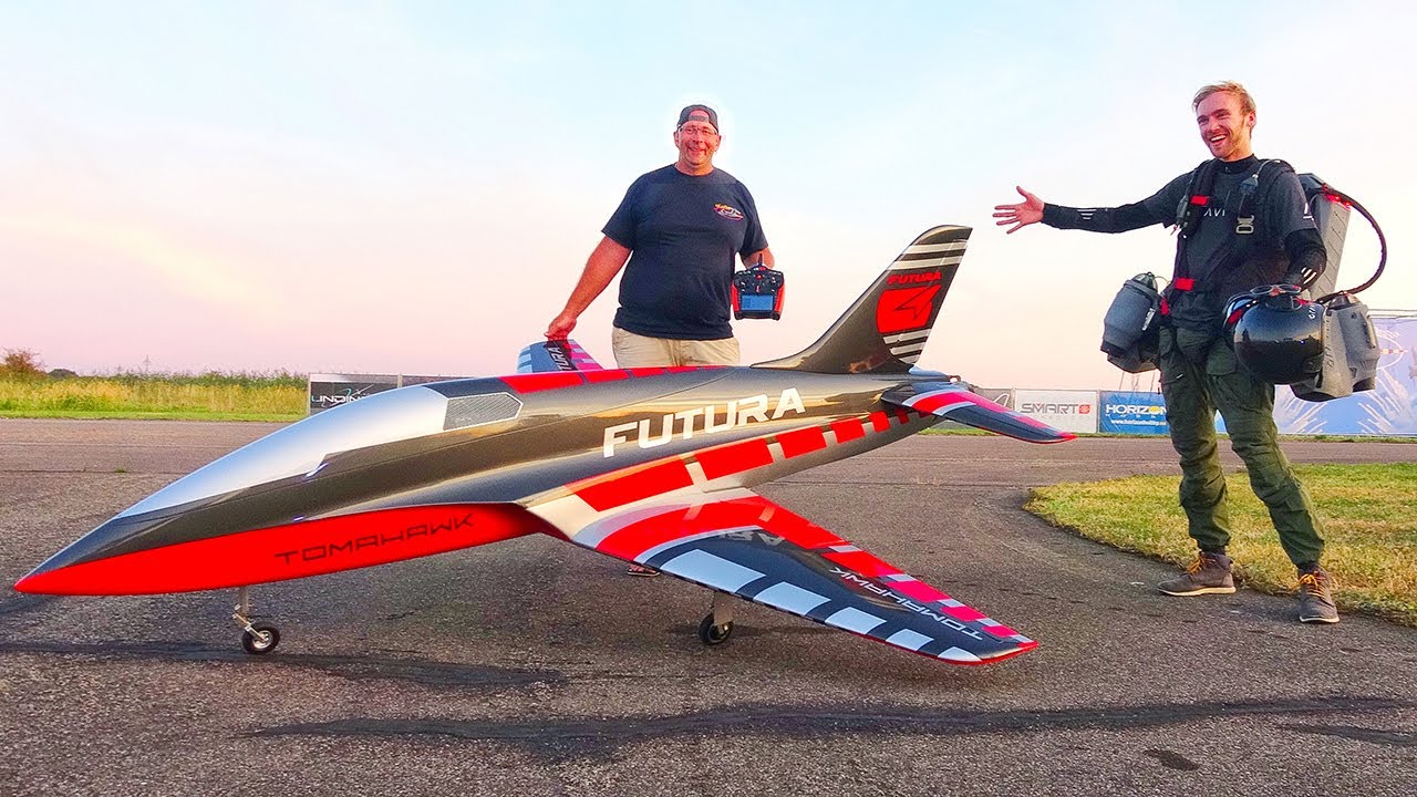 JET SUIT MAN SAM ROGERS FLYING TOGETHER WITH HUGE RC JET - YouTube