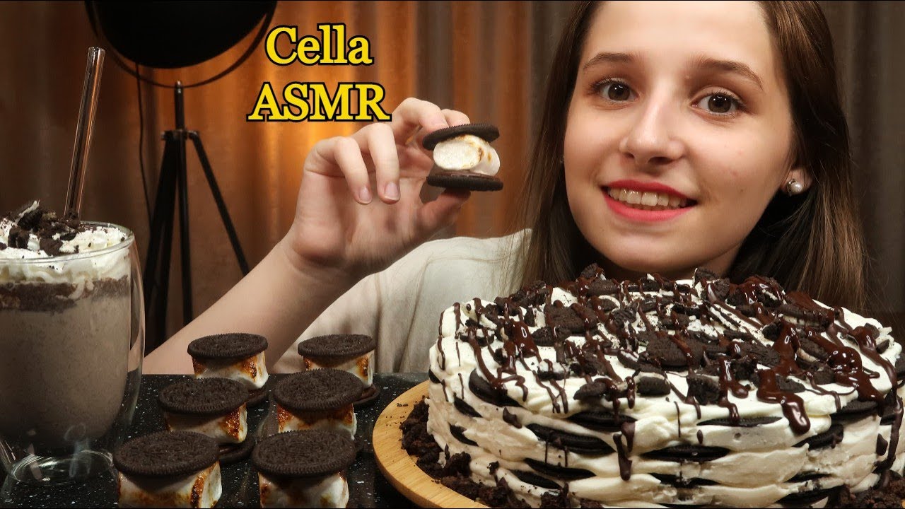 ASMR HOMEMADE OREO ICEBOX CAKE AND OREO MILKSHAKE , MARSHMALLOW ...