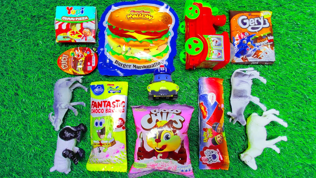 Hunting permen yupi, es krim, Upin Ipin, sapi, robocar poli, Spongebob ...