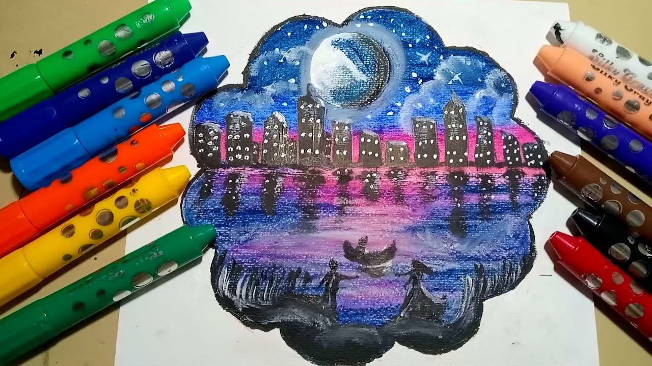 Late Night Amazing Scenery With Oil Pastels ||How To Draw Late Night ...