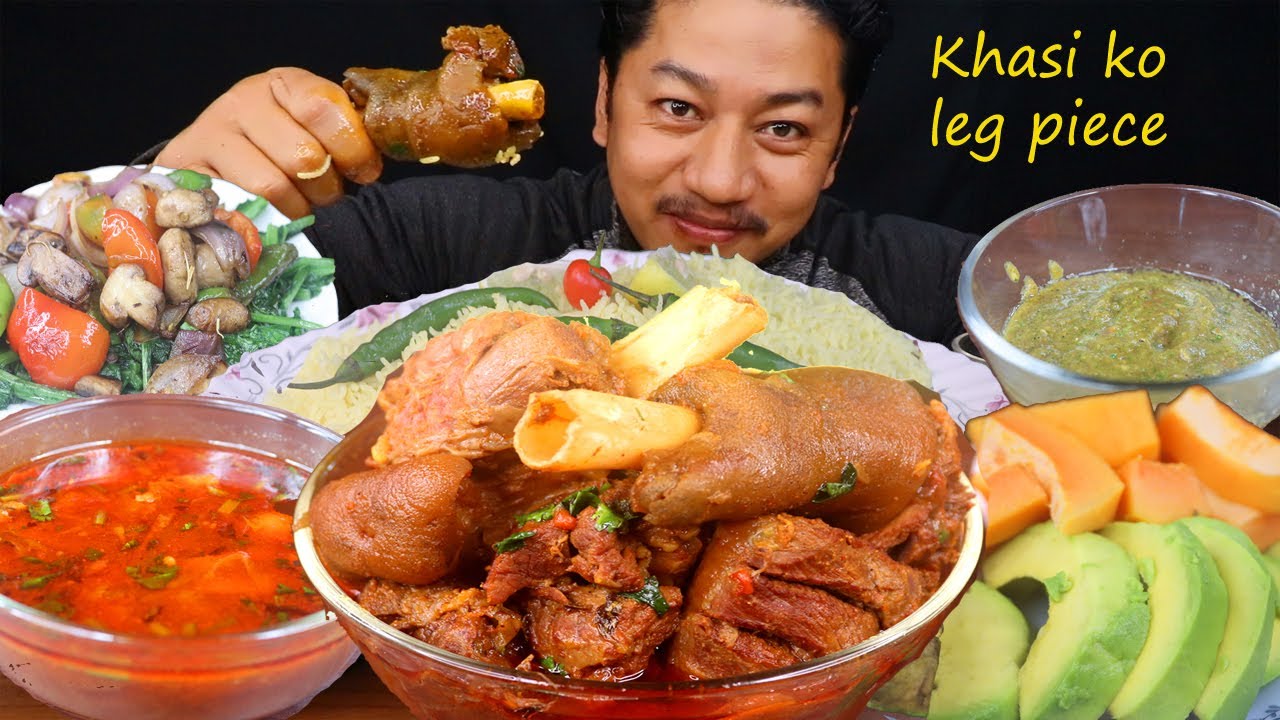 Khasi ko Leg piece soup, Yellow rice, sauteed vegettable, avocado fruit ...