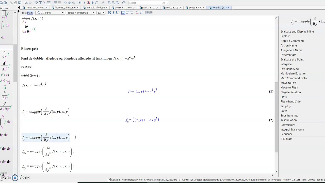 Dobbelte og blandede afledede med Maple - YouTube