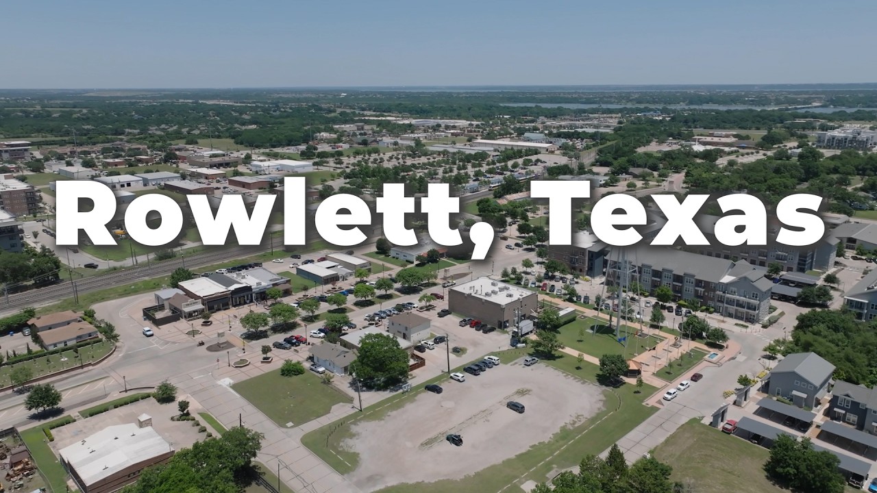 Push-In Aerial View of Downtown Rowlett Texas Water Tower - YouTube