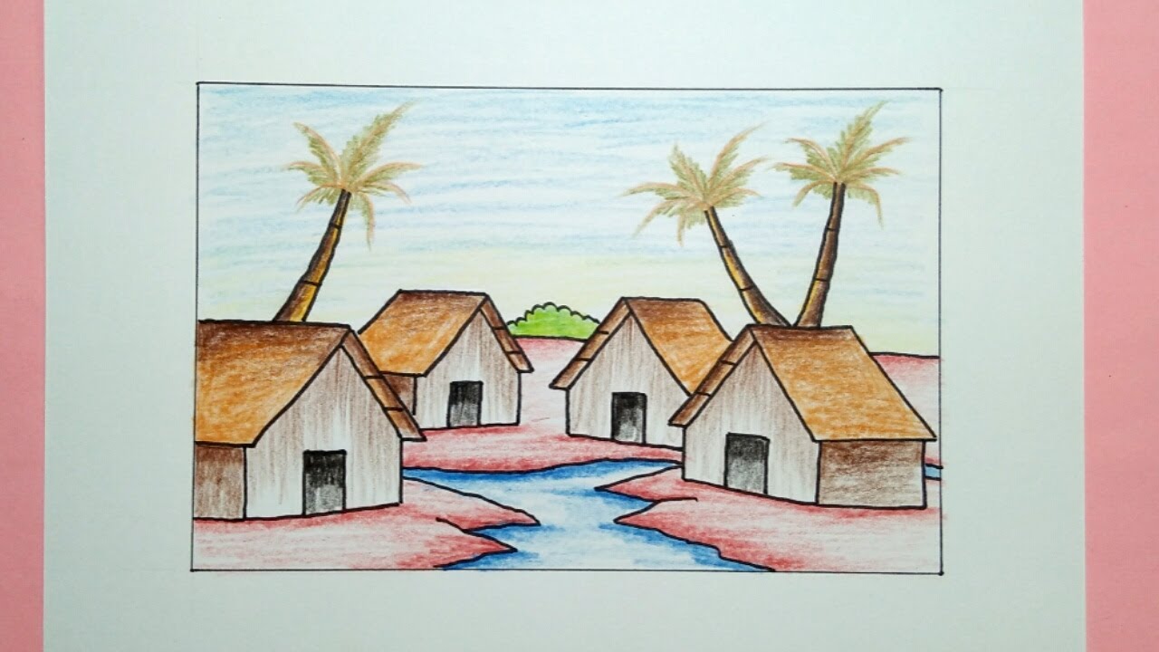 Cara Menggambar Pemandangan Desa dengan Mudah - Village Drawing - YouTube