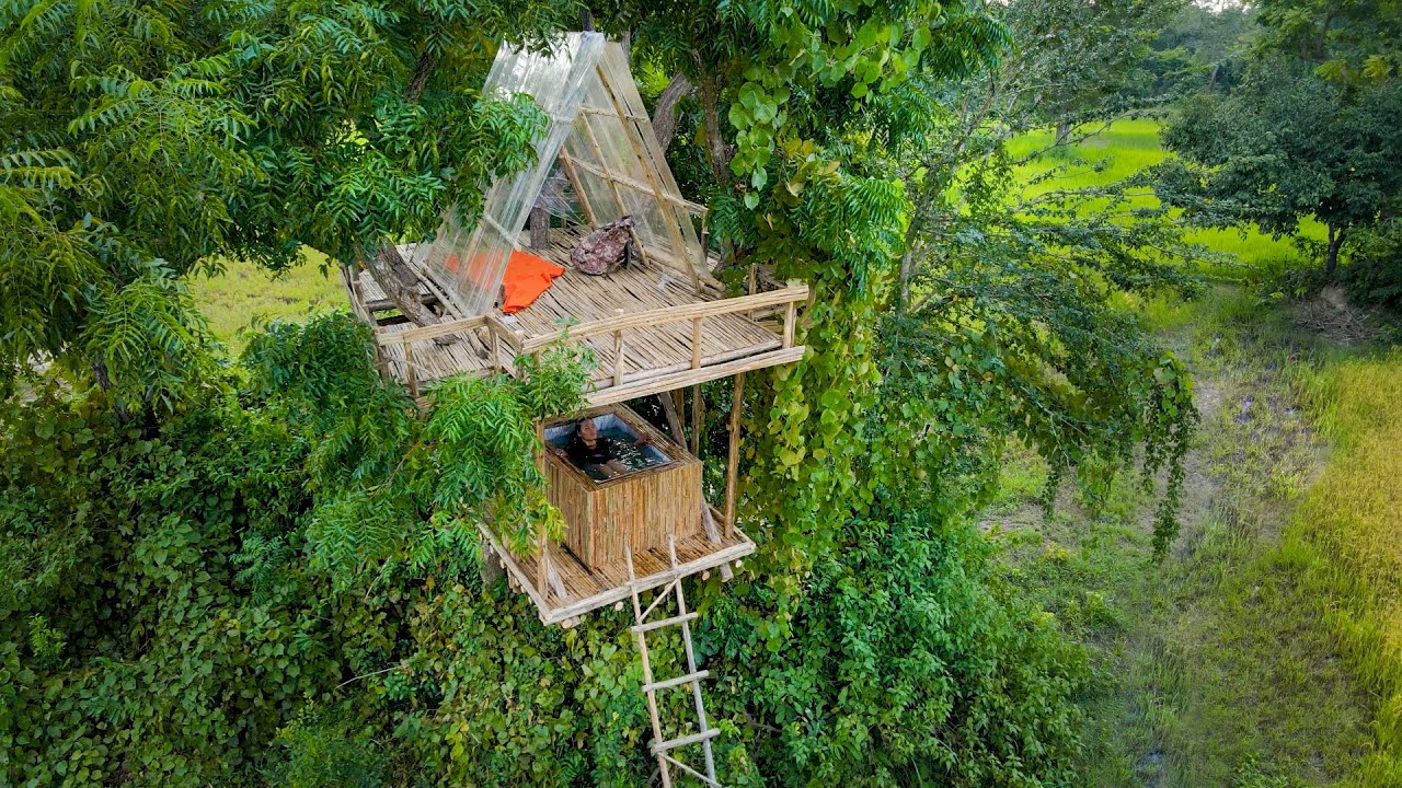 Girl Living Off the Grid Build a Little Bathtub Under The Most Beautiful Tree House - YouTube