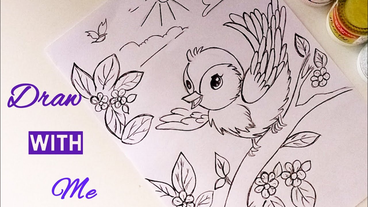 How to Draw Easy and Cute Bird in Sunny Sky | Step By Step Tutorial for ...