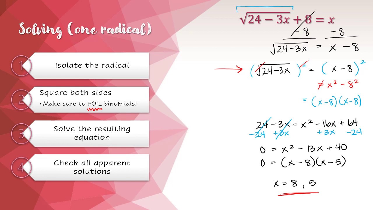 Solving *Radical* Equations (Swift Preview of Precalculus 5.3, HG ...