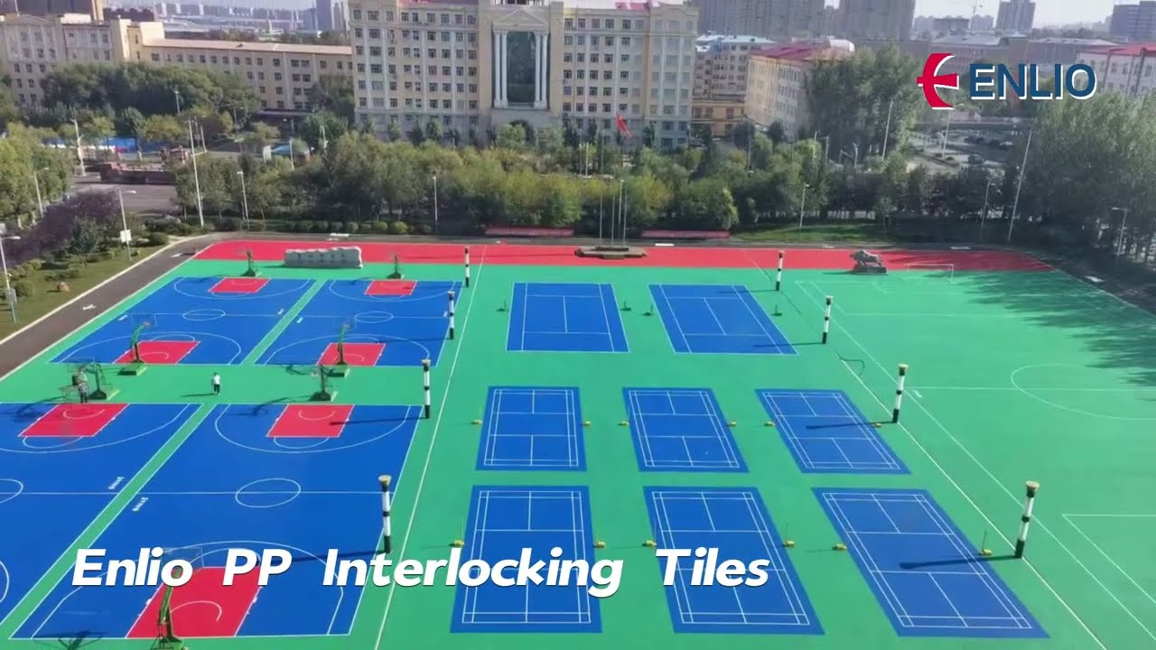 Enlio outdoor sports court tiles for basketball court - YouTube