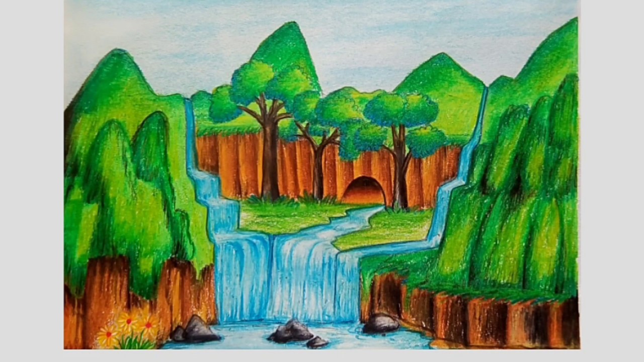 วาดรูปธรรมชาติสวยงามของน้ำตก Ep 21how To Draw Beautiful Neture With Oil Pastels Youtube