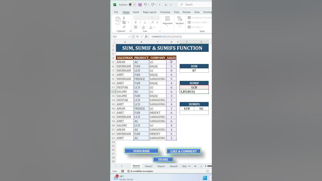Using The SUM, SUMIF and SUMIFS Functions in MS Excel #excel #exceltips #viralvideo # ...