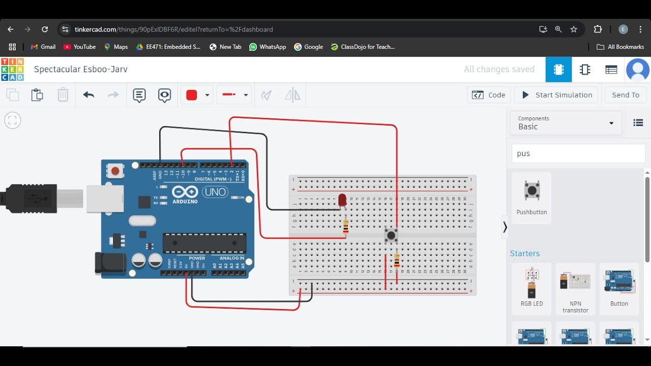 TinkerCAD | Arduino Turning ON LED with a Push Button | Basics ...
