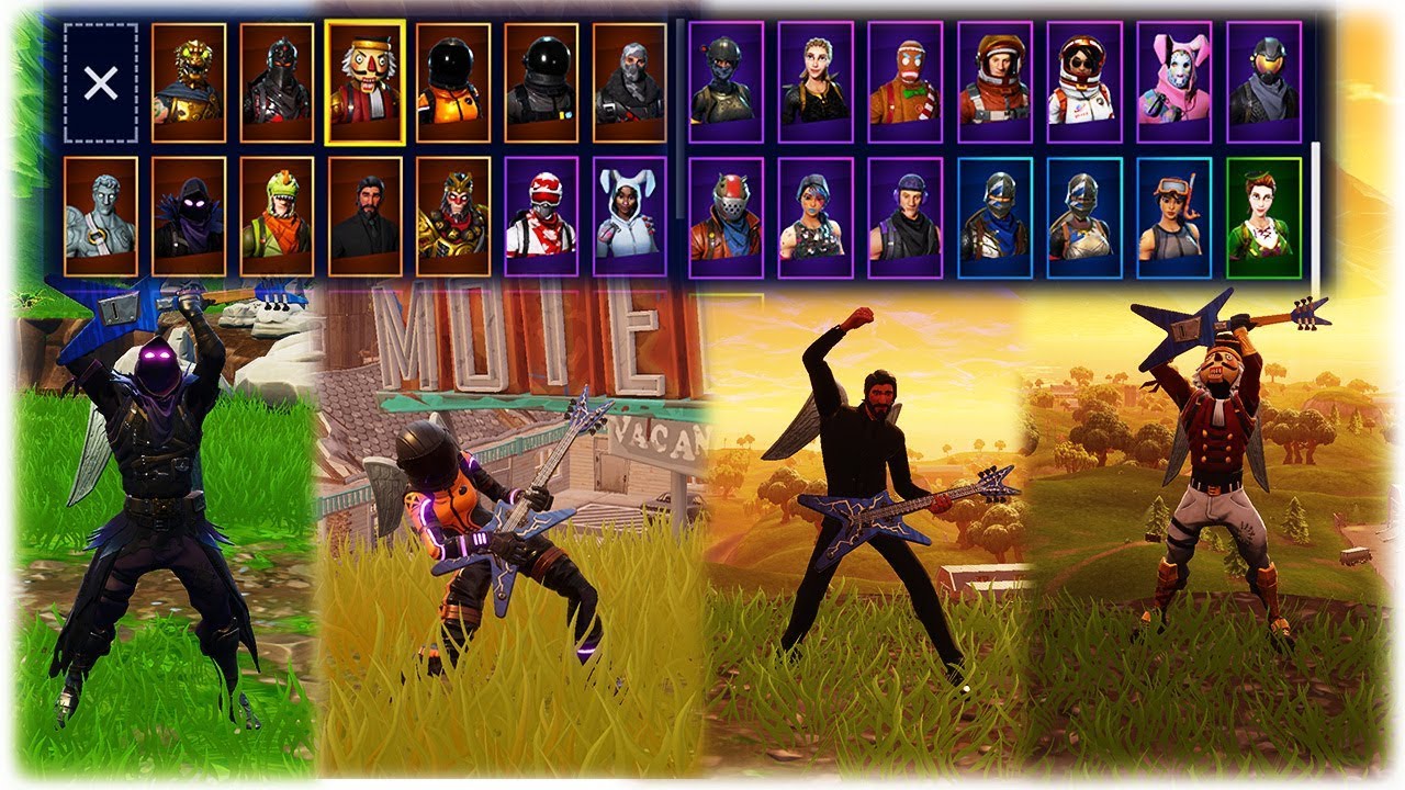 Fortnite New Rock Out Emote Showcased With 28 Skins Guitar Dance
