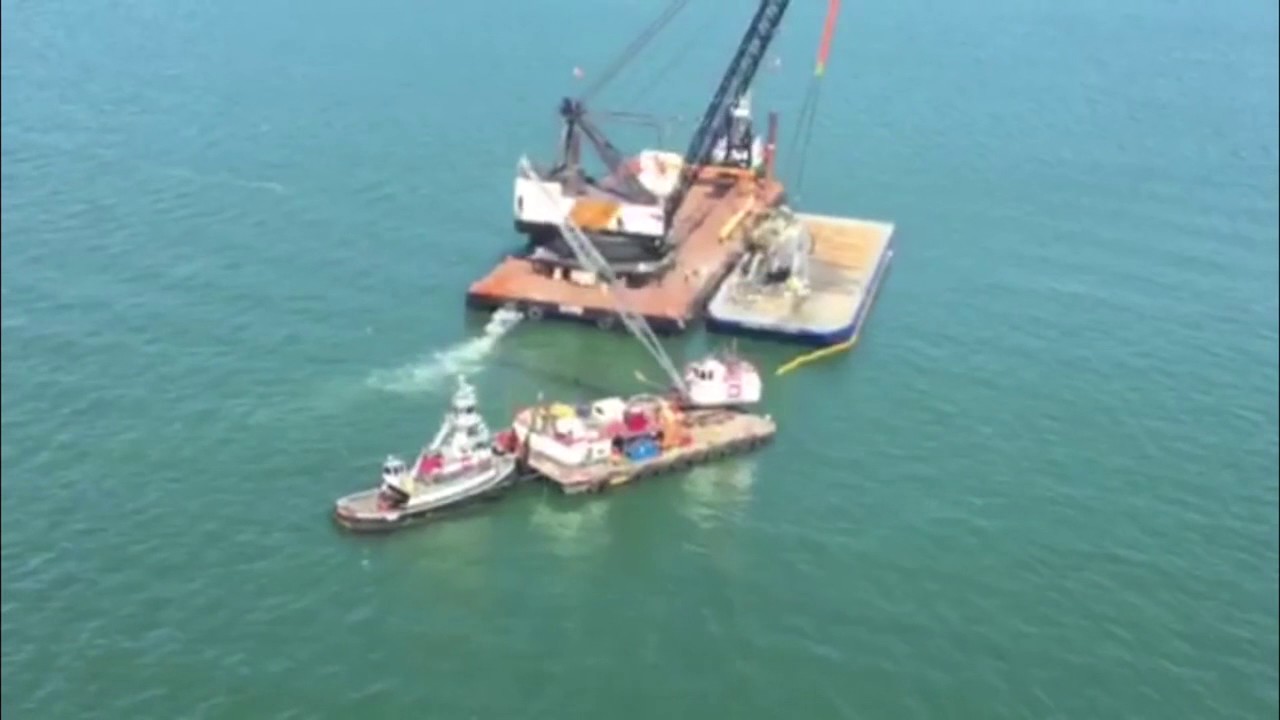 Portions of Sunken Barge Raised From San Francisco Bay - YouTube