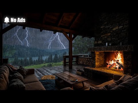 No Ads 🌩️ Rainy Cabin by the Lake | Thunderstorm & Fireplace Sounds for Relaxation and Deep Sleep